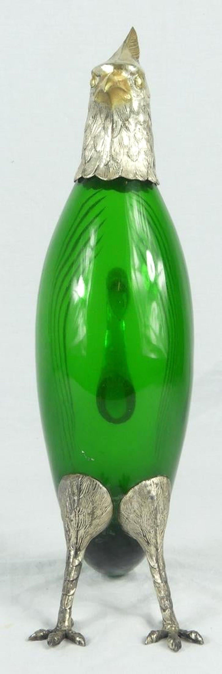 Large Silver and Vermeil Figural Green Glass Bird Decanter For Sale at ...