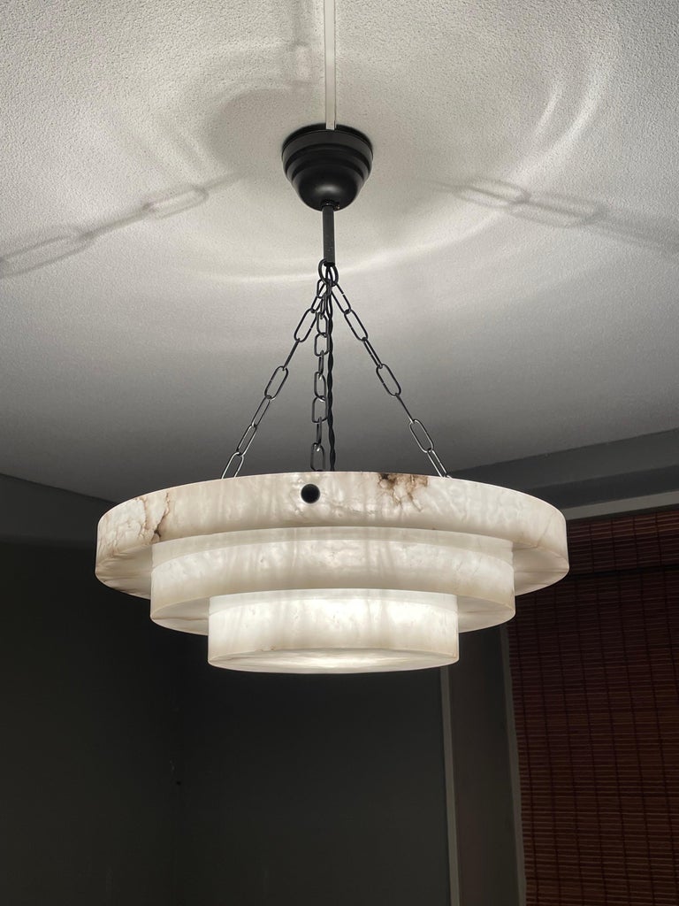 Large Size and Pure Art Deco Thickly Layered Alabaster Pendant / Flush ...