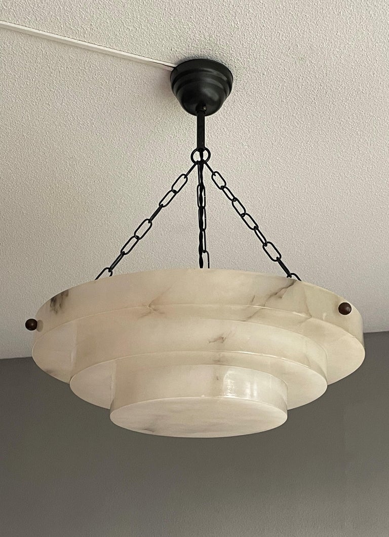 Large Size and Pure Art Deco Thickly Layered Alabaster Pendant / Flush ...