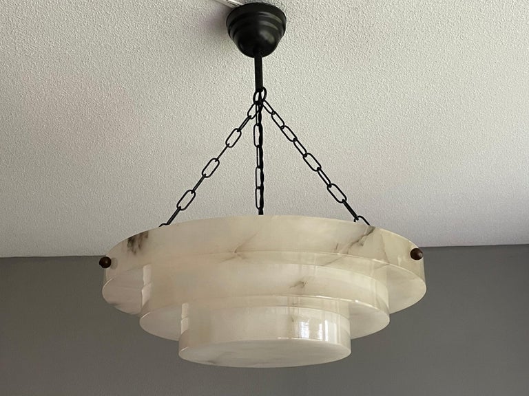 Large Size and Pure Art Deco Thickly Layered Alabaster Pendant / Flush ...