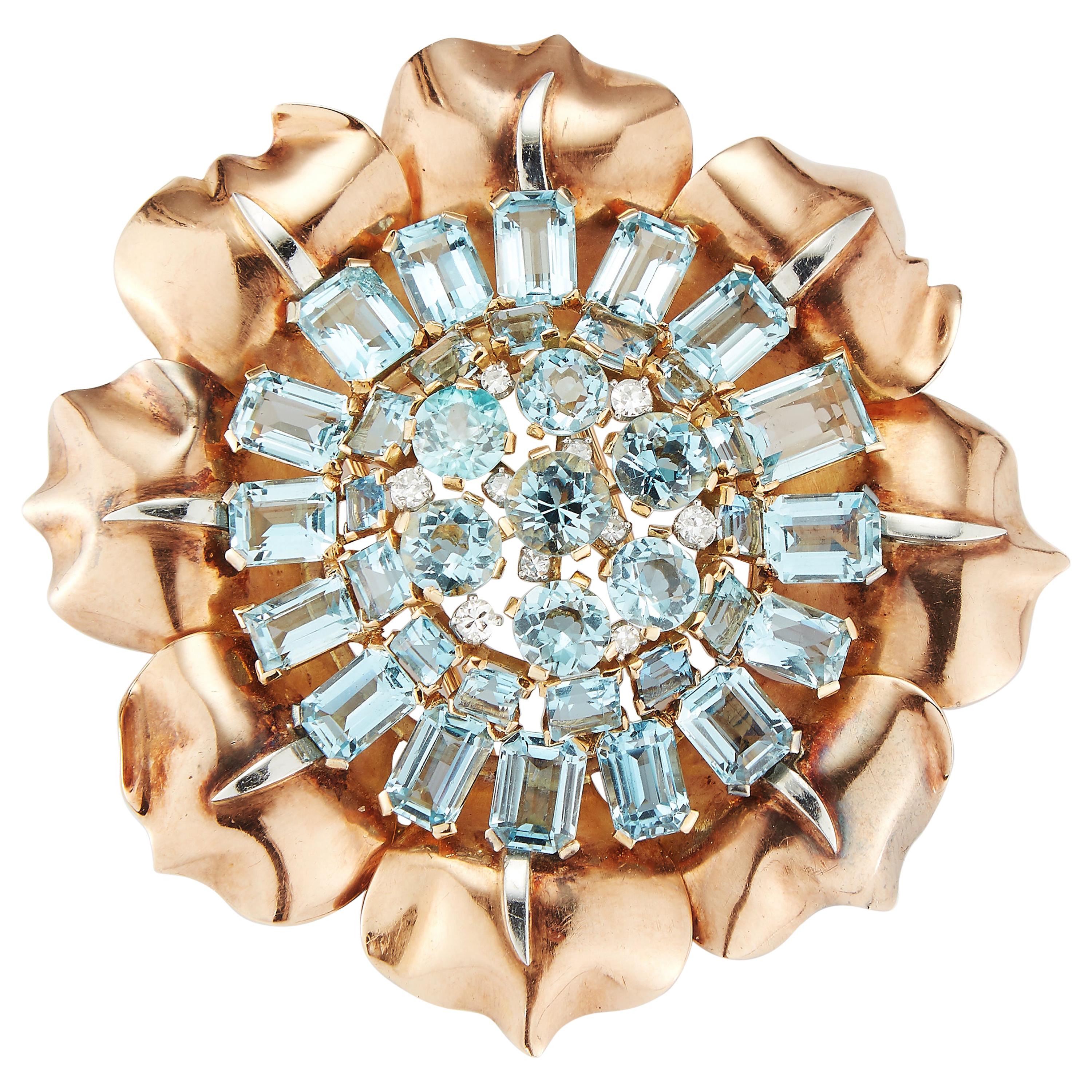 Large Size Retro Multi Gem and Diamond Flower Brooch For Sale at 1stDibs