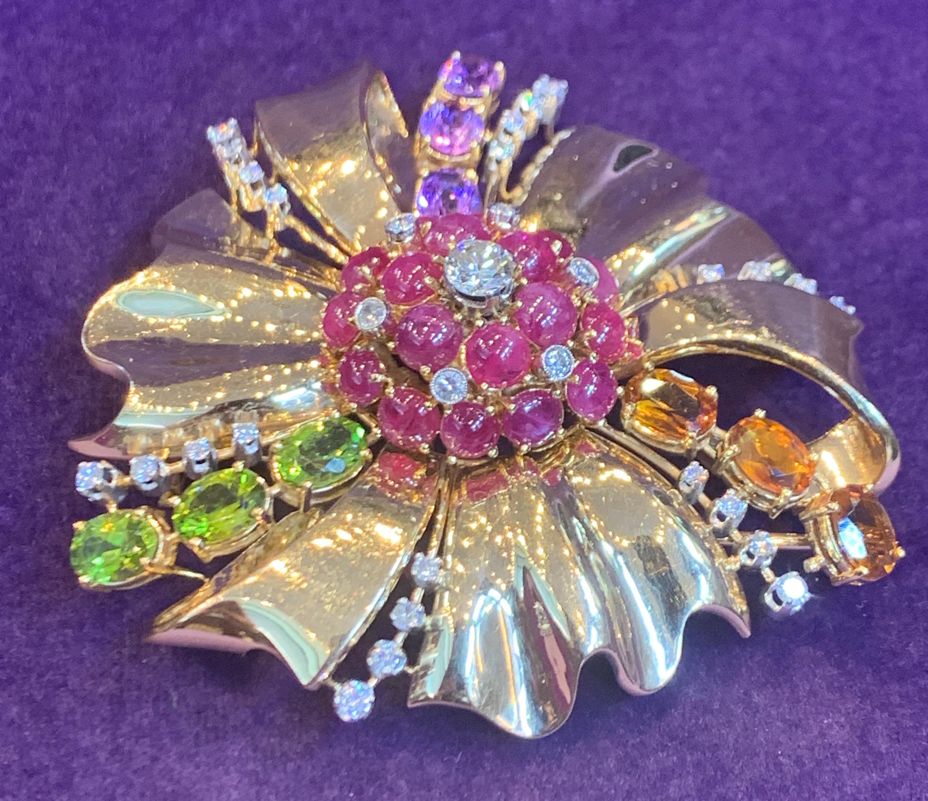 Large Size Retro Multi Gem and Diamond Flower Brooch For Sale at ...