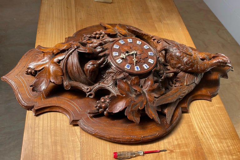 Large Swiss Black Forest Hand Carved Wall Clock Plaque with Pheasant ...