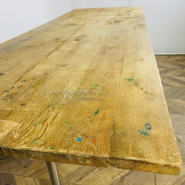 Large Solid English Oak Plank Table on Chrome Legs at 1stDibs