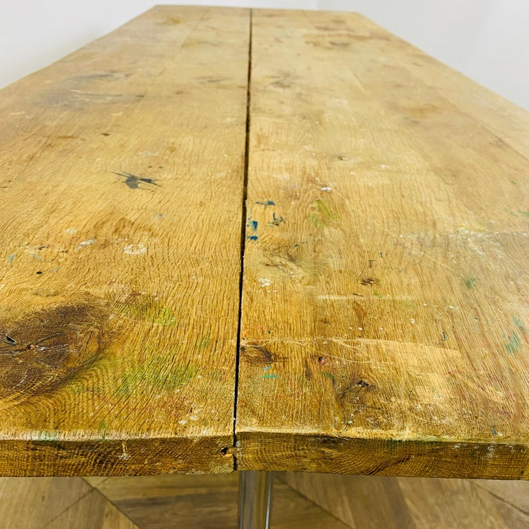 Large Solid English Oak Plank Table on Chrome Legs at 1stDibs