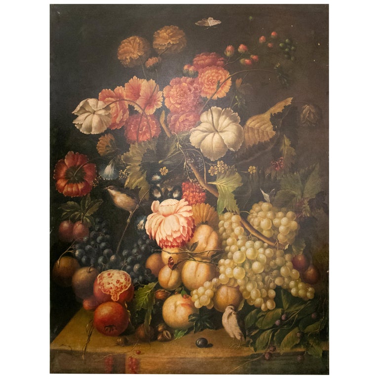 Large Spanish "Bodegon" Still Live Oil on Canvas Painting with Flowers ...