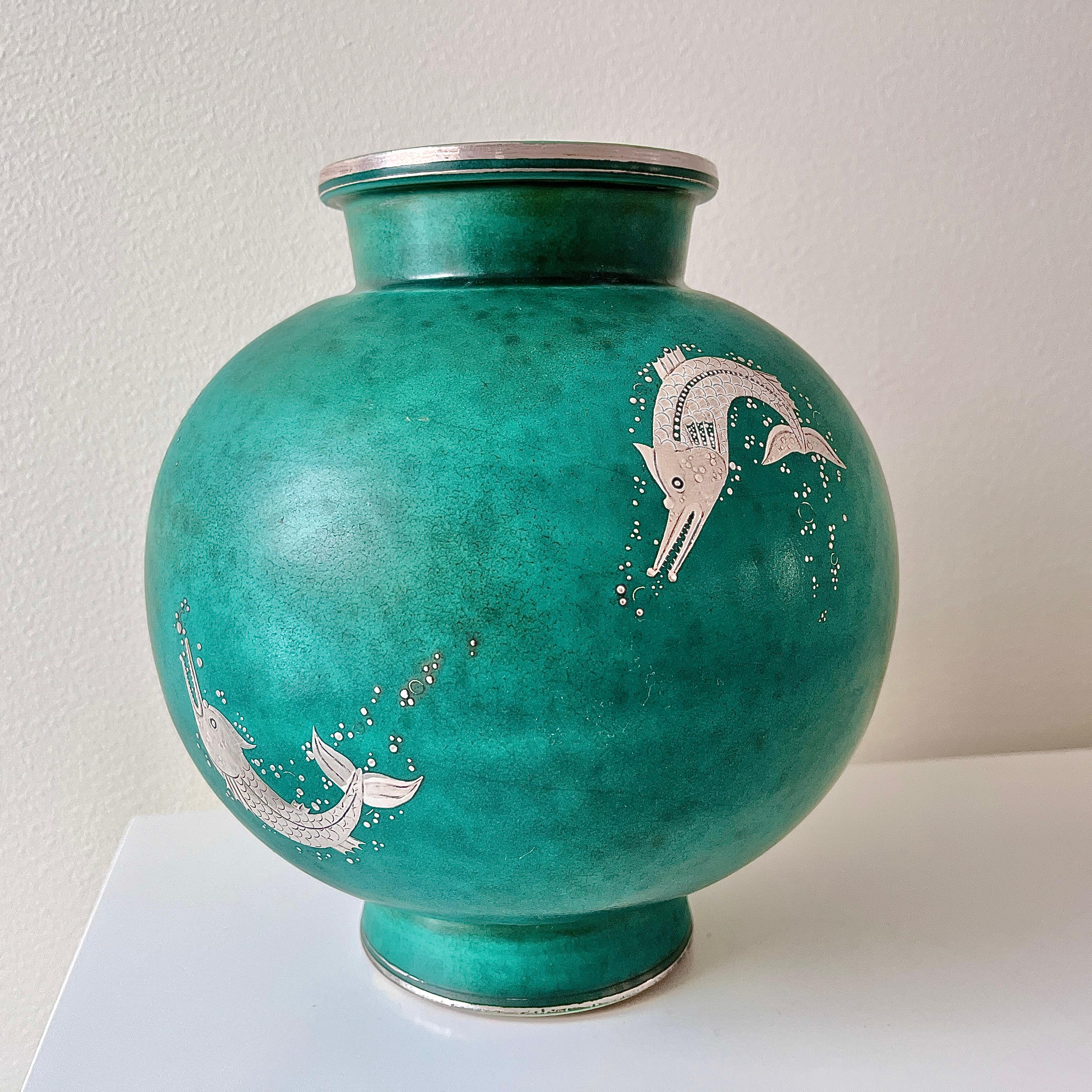 Large spherical stoneware vase fish motif "Argenta"-series ...