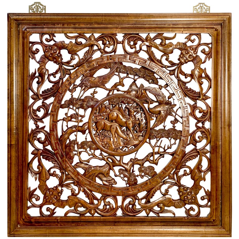 Large Square Chinese Carved Camphor Wood "Longevity" Screen Panel For ...