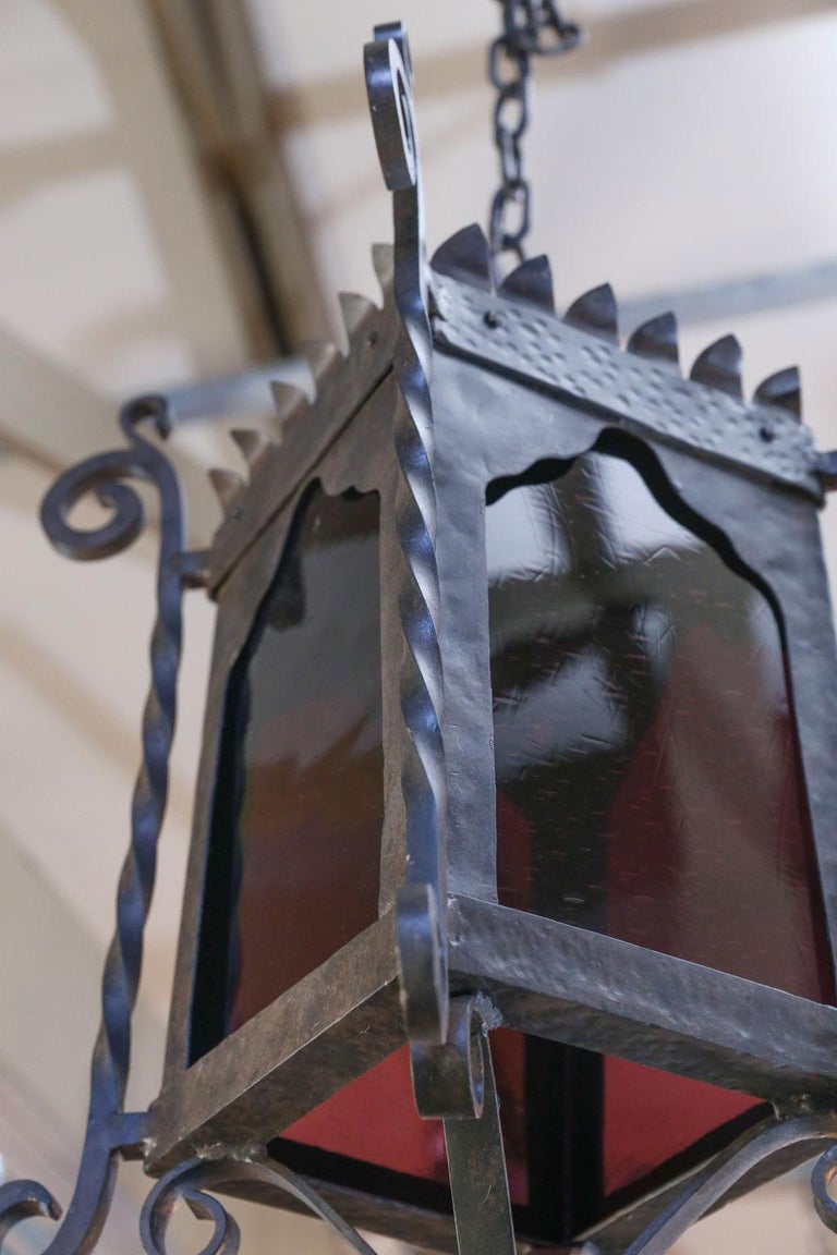 Large Spanish Colonial Square Forged and Hammered Iron and Art Glass ...