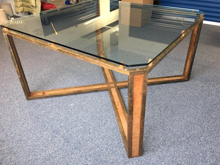 Large Square Midcentury X-Base Brass and Leather Table with Glass Top ...