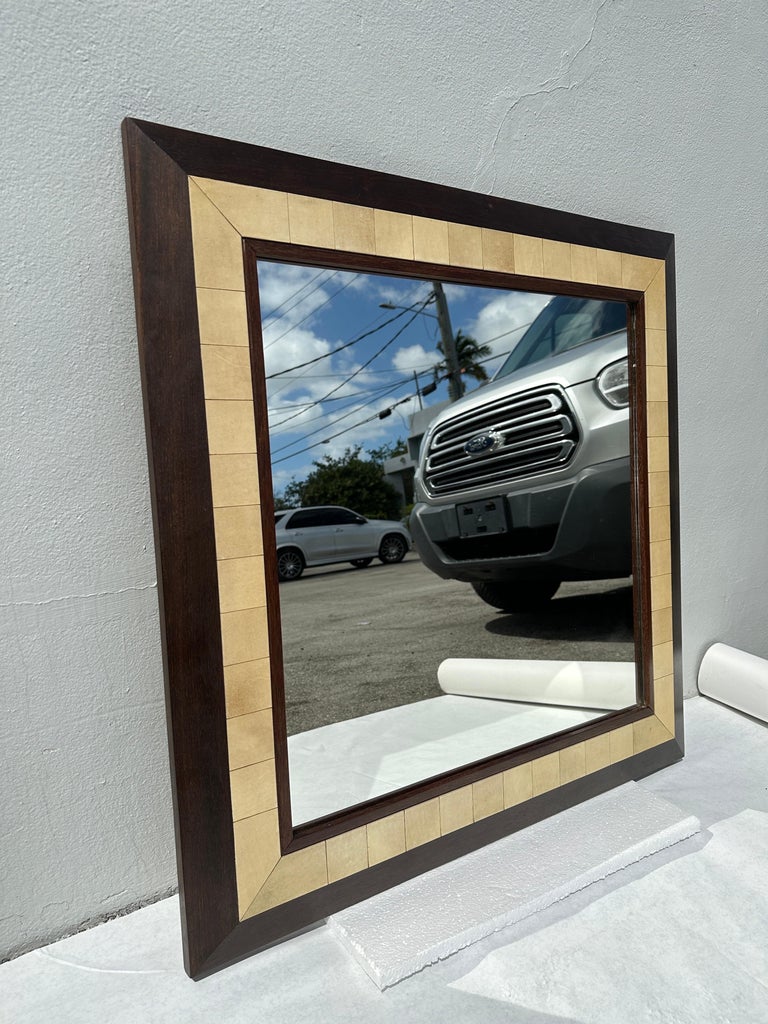 Large Square Parchment and Exotic Wood Framed Mirror by Ron Seff For Sale at 1stDibs