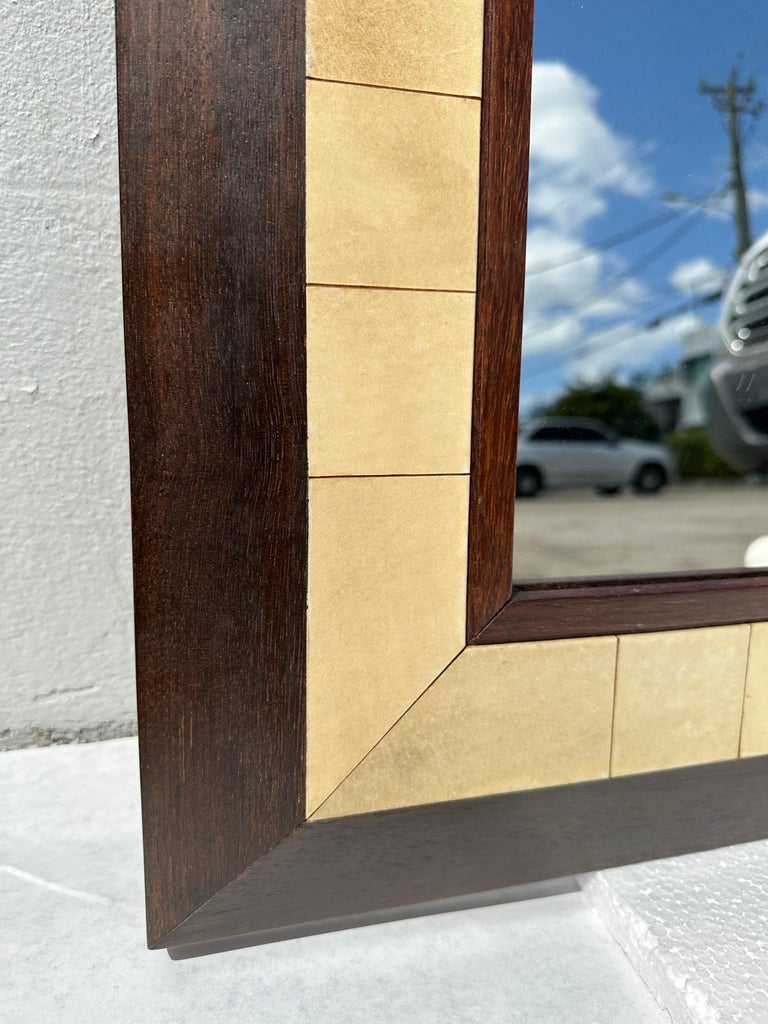 Large Square Parchment and Exotic Wood Framed Mirror by Ron Seff For Sale at 1stDibs