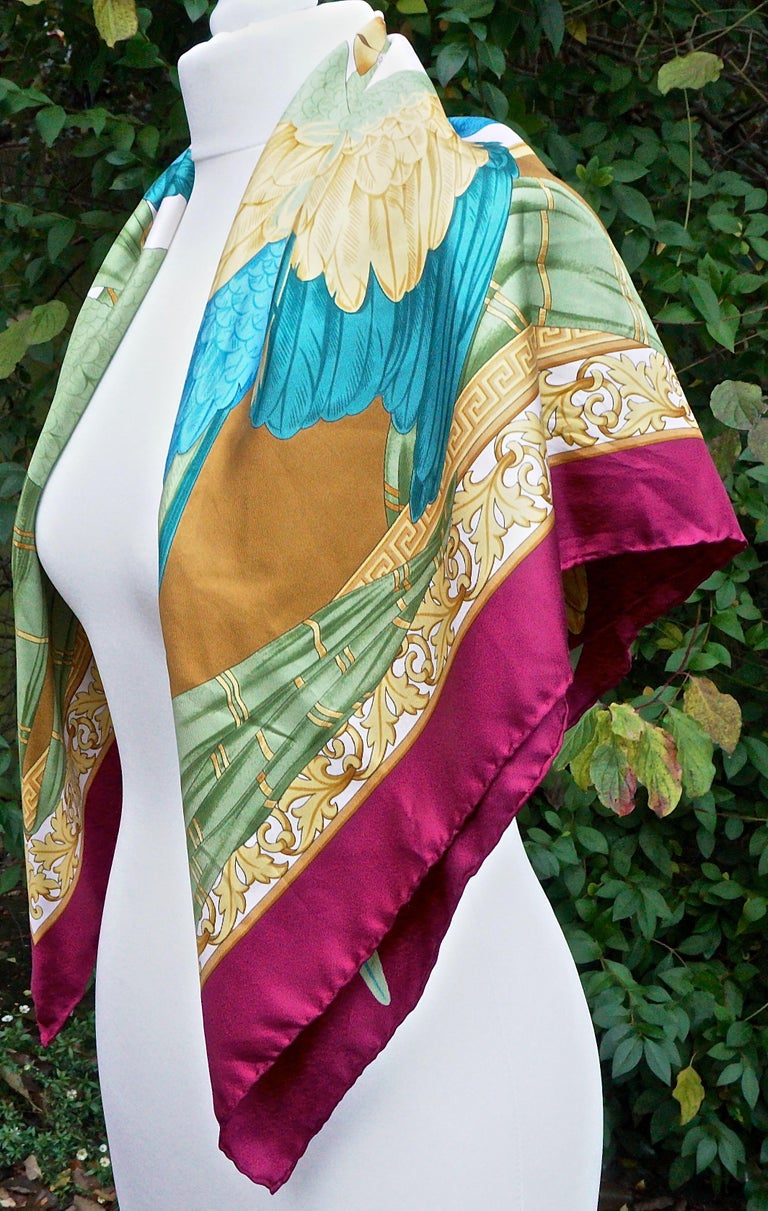 Large Square Salvatore Ferragamo Pure Silk Parrot Print Scarf, made in ...
