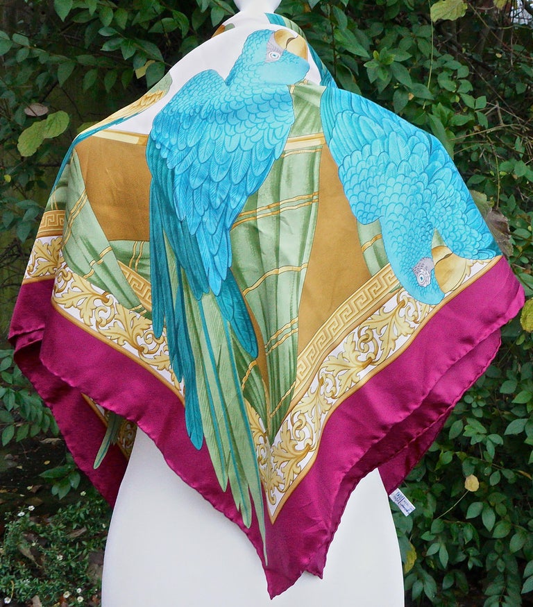 Large Square Salvatore Ferragamo Pure Silk Parrot Print Scarf, made in ...
