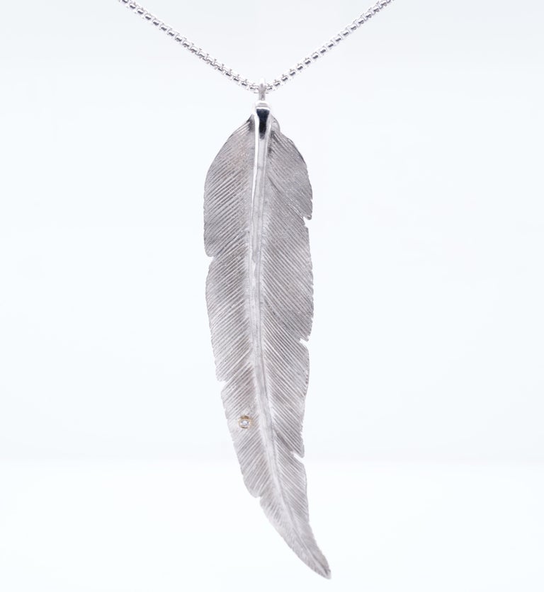 Large Sterling Silver Detailed Bird Feather Pendant w/ Diamond Detail ...