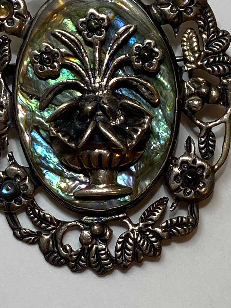 Large Sterling Silver 'Maker's Mark' JFR Abalone-Center Floral Brooch ...