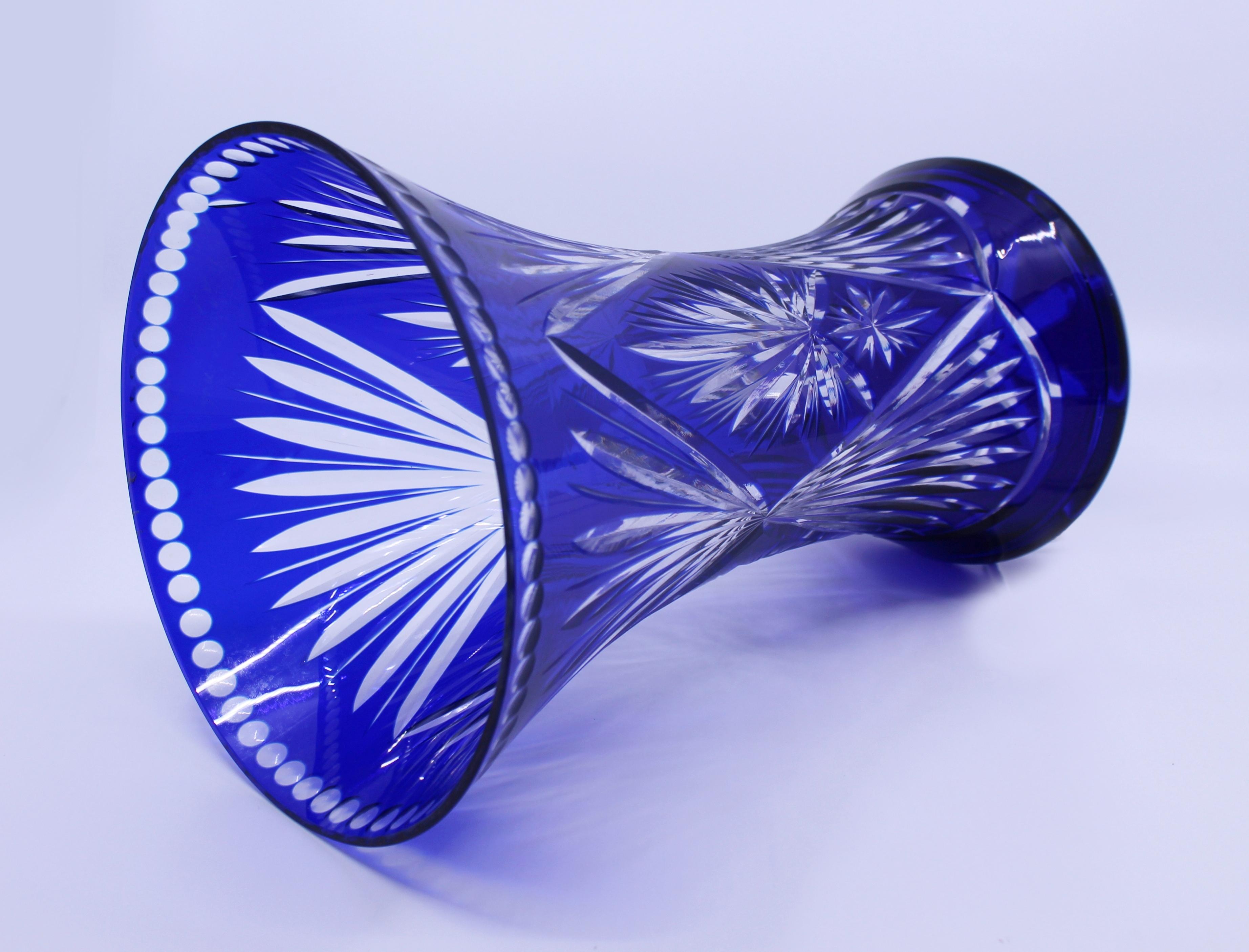 Large Stourbridge Glass Blue Overlay Crystal Vase For Sale at 1stDibs