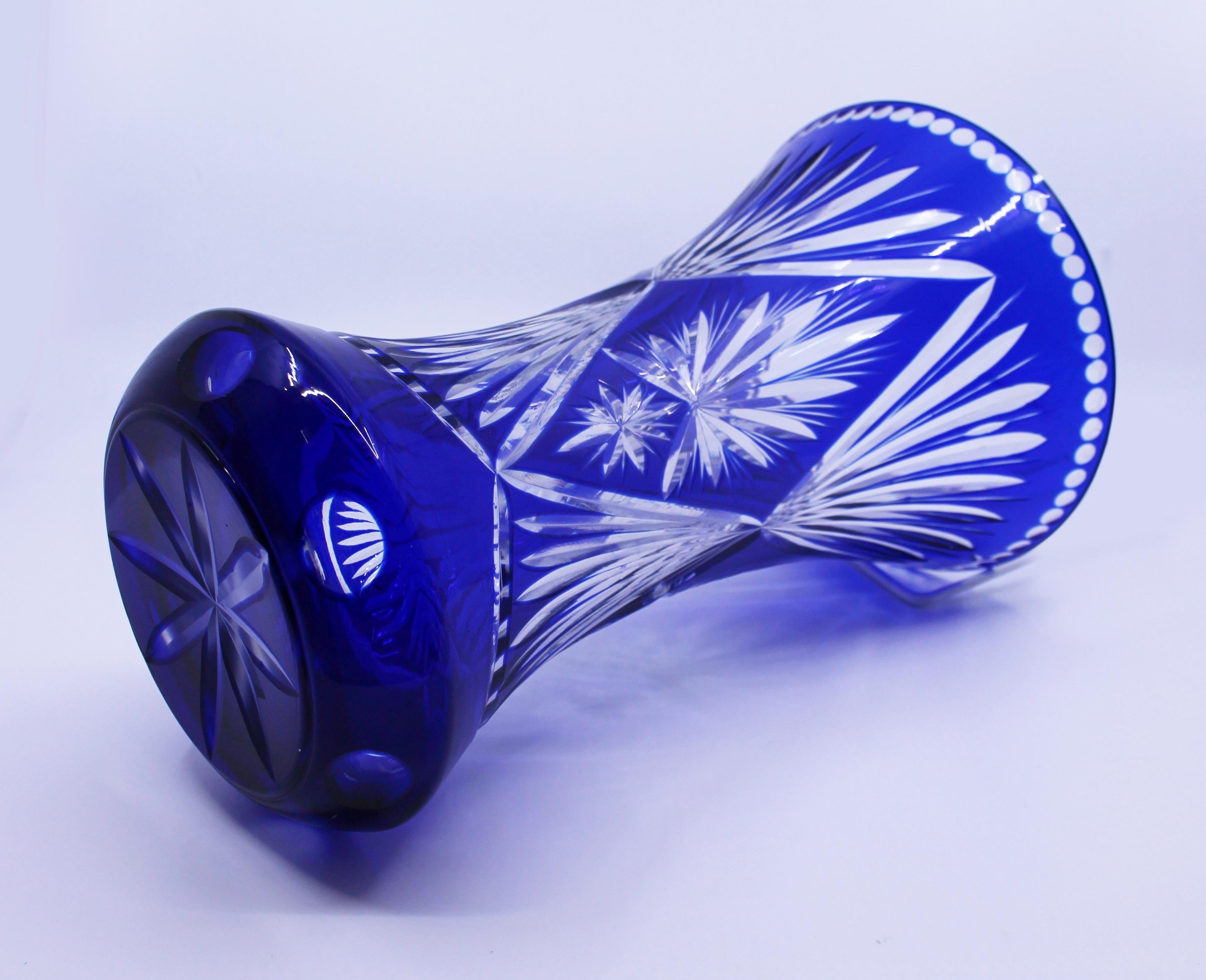 Large Stourbridge Glass Blue Overlay Crystal Vase For Sale at 1stDibs