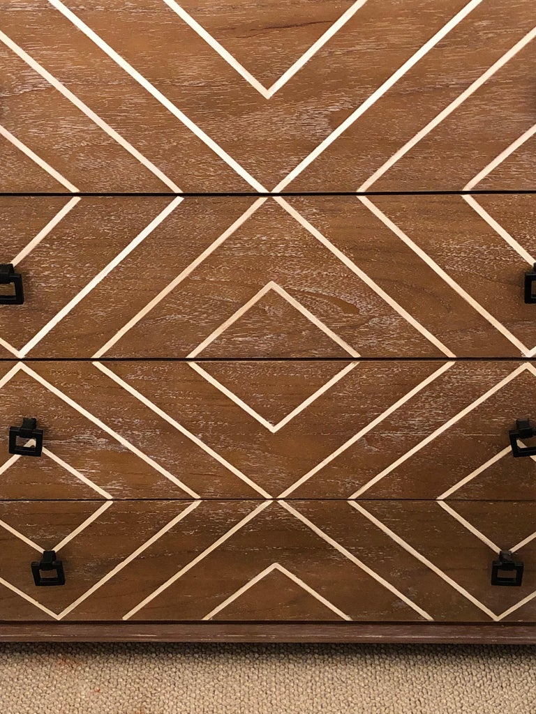 Large Striking Cerused Wood Chest of Drawers with Cream Geometric Inlay ...
