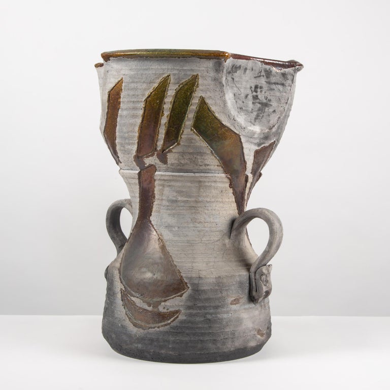 Large Studio Ceramic Glazed Vessel with Handles For Sale at 1stDibs