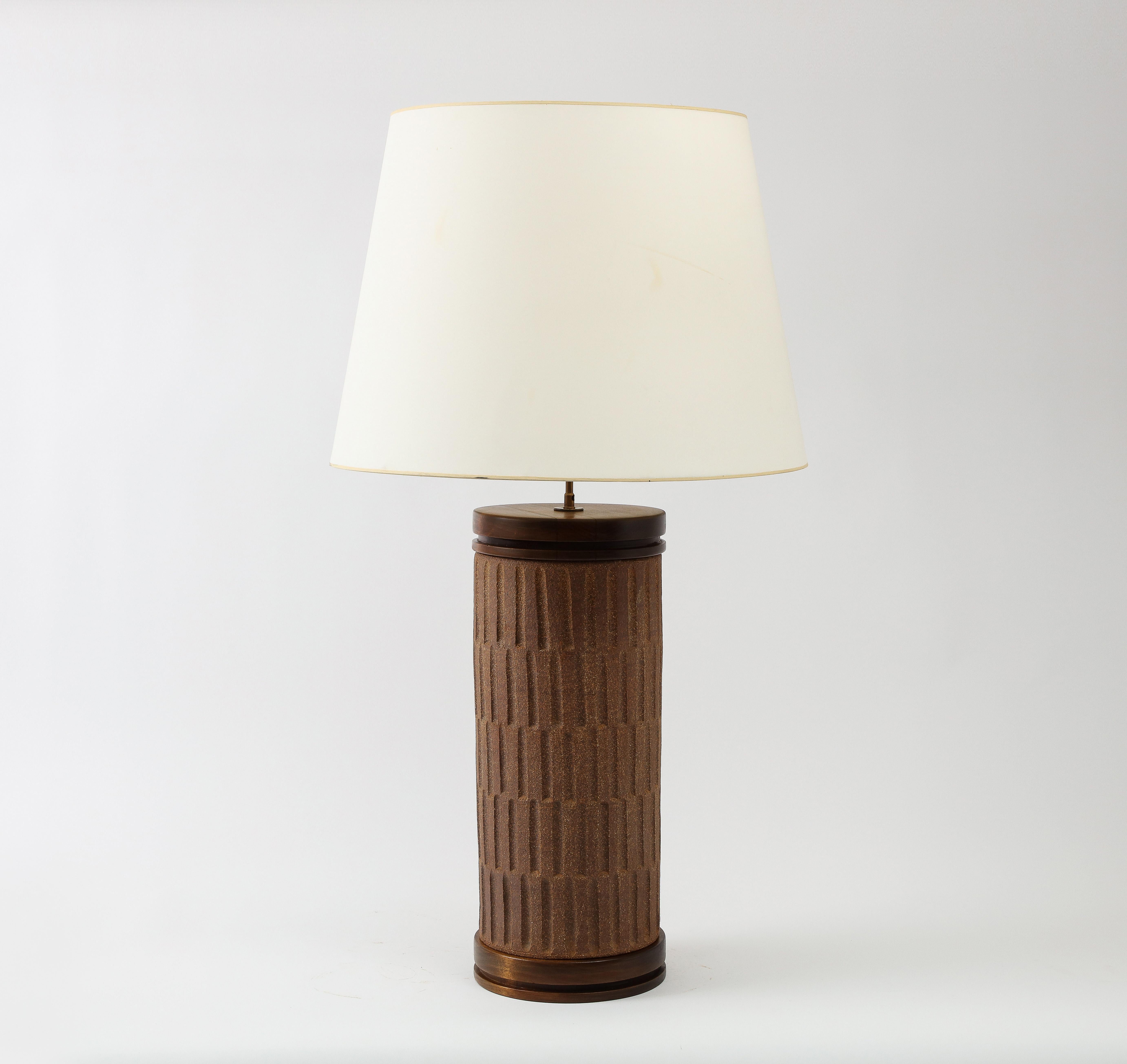 Large Textured Neutral Studio Pottery Lamp on Wood Base, USA 1960's For ...