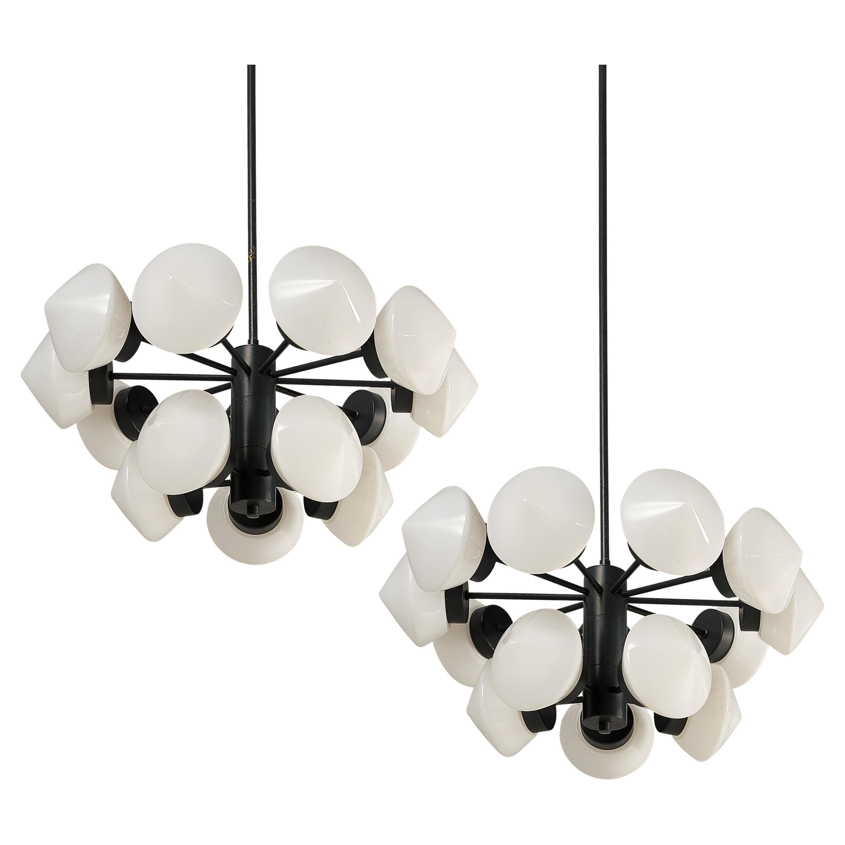 Sixteen Armed Opaline Chandeliers in Dark Coated Metal, circa 1955 For ...