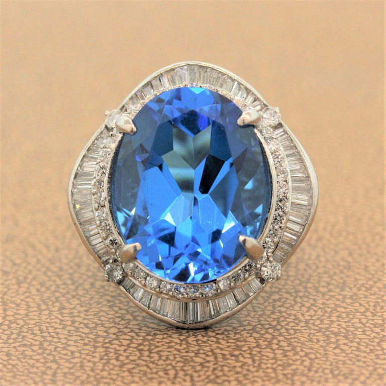 Large Swiss Blue Topaz Diamond Platinum Cocktail Ring at 1stDibs