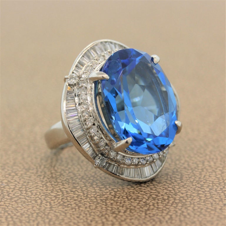 Large Swiss Blue Topaz Diamond Platinum Cocktail Ring at 1stDibs