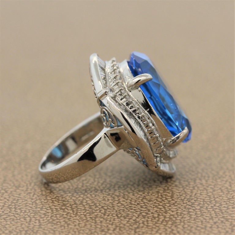 Large Swiss Blue Topaz Diamond Platinum Cocktail Ring at 1stDibs