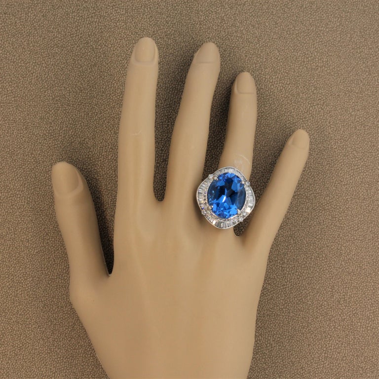 Large Swiss Blue Topaz Diamond Platinum Cocktail Ring at 1stDibs