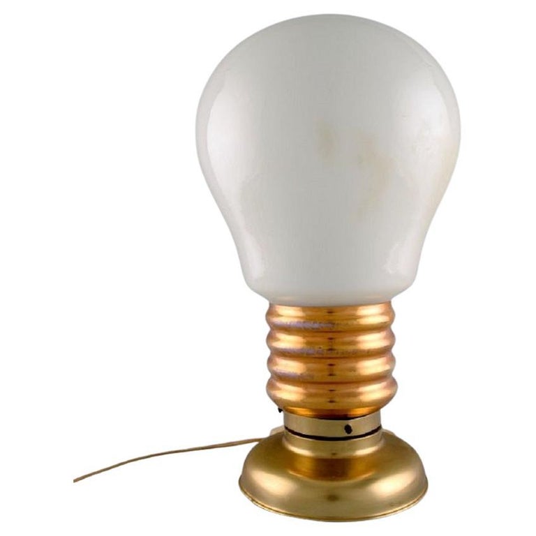 Large Table Lamp in Brass and Opal Glass Shaped like a Light Bulb ...