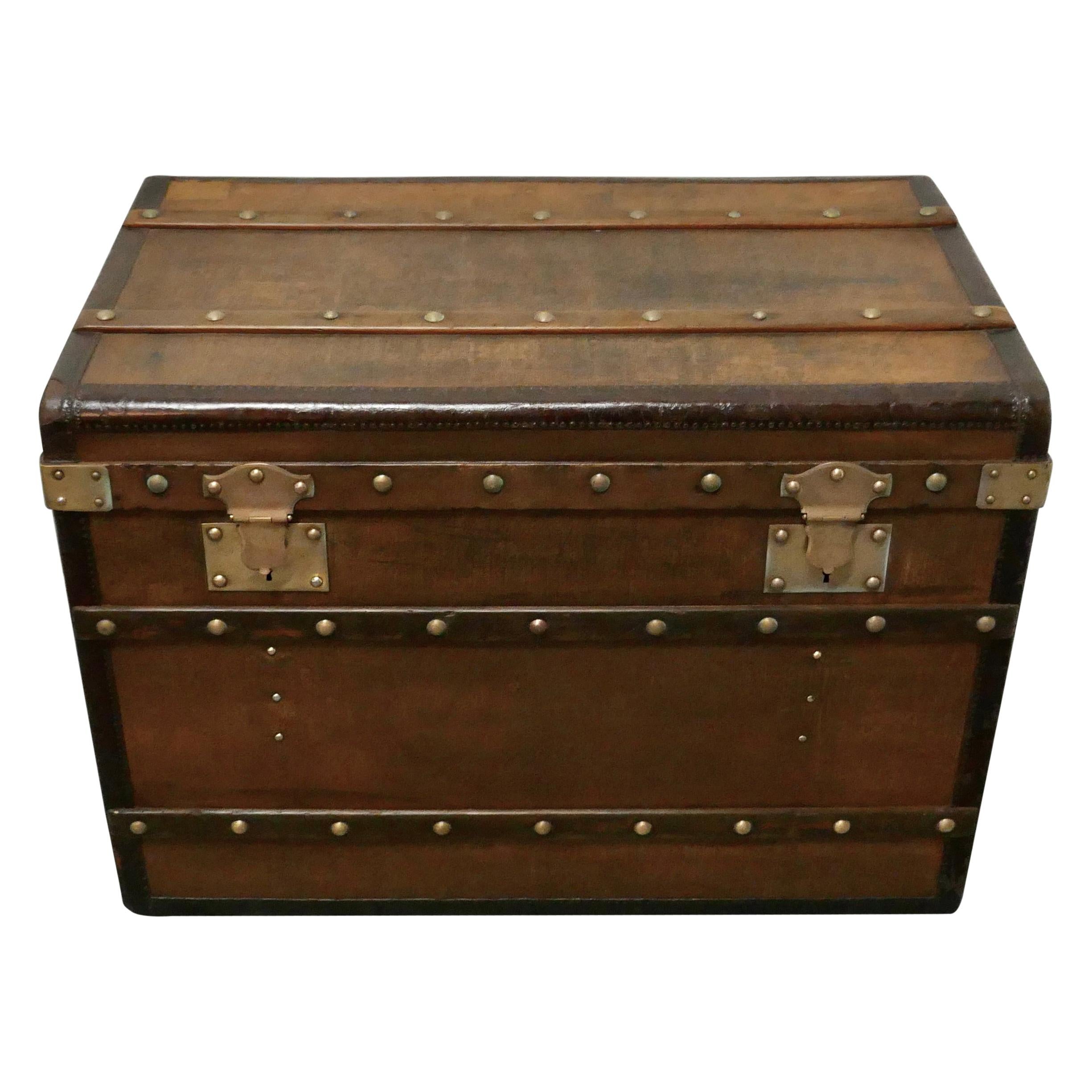 Large Tan Canvas, Wood, Leather and Brass Bound Steamer Trunk at 1stDibs