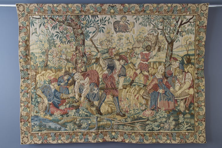 Large Tapestry Featuring a Medieval Harvest Scene For Sale at 1stDibs