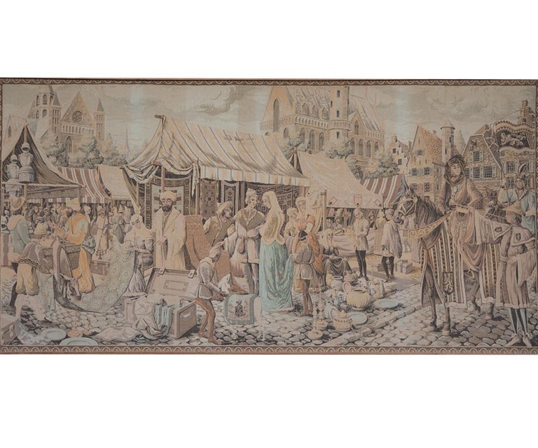 Large Tapestry Featuring a Medieval Market Scene in Wood Frame For Sale ...