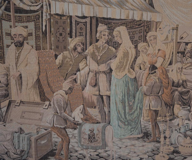 Large Tapestry Featuring a Medieval Market Scene in Wood Frame For Sale ...