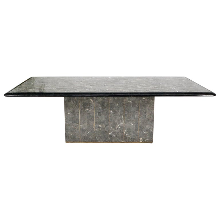 Large Tessellated Black and Grey Stone Brass Inlay Dining Table For ...