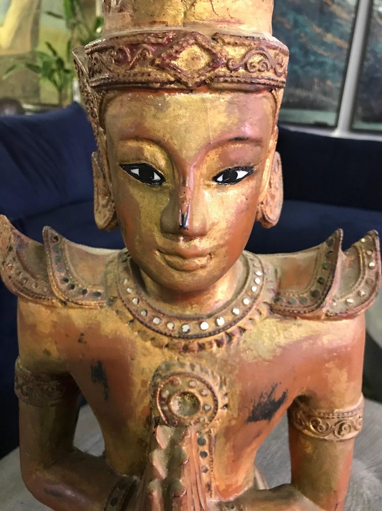 Large Thai Asian Carved Wood Gilt Lacquer Kneeling Praying Temple ...