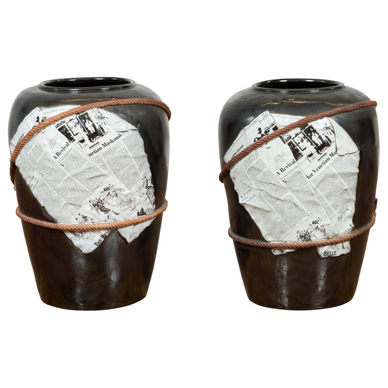 Large Thai Exterior Flower Vase with Black Patina, Rope and Newspaper ...