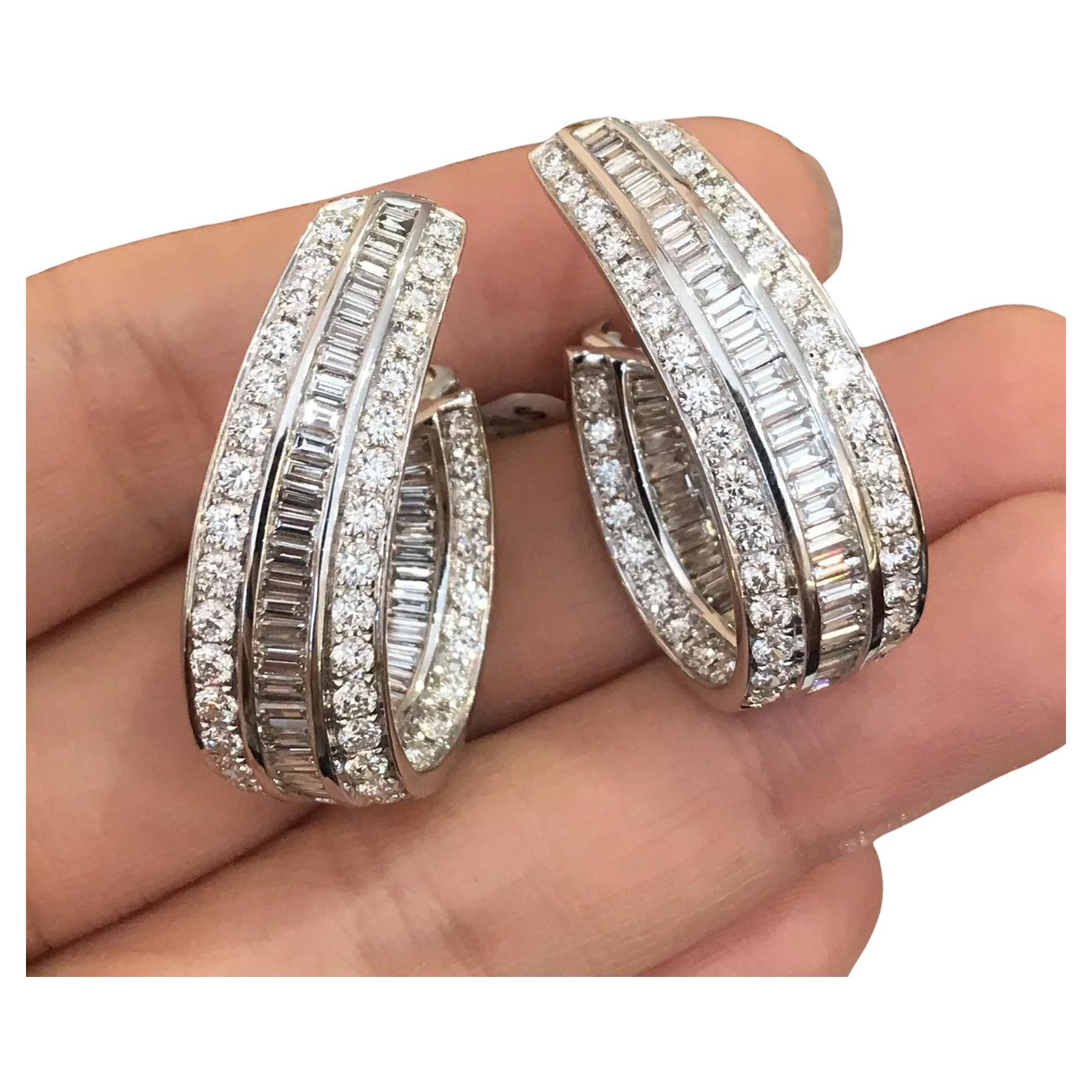 4.00 carat Three-Row Pavé Diamond Half Hoop Earrings Platinum For Sale ...