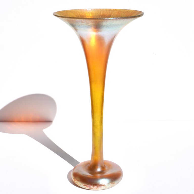 Large Tiffany Studios Gold Favrile Trumpet Vase For Sale at 1stDibs