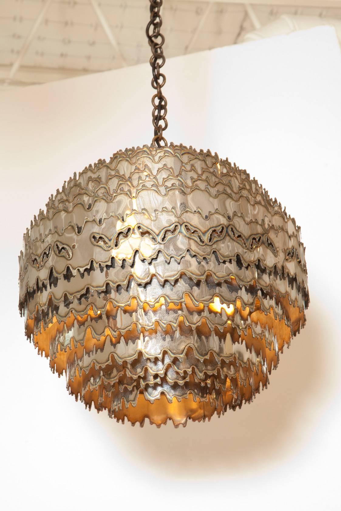 Large Torch Cut Chrome Brutalist Orb Pendant by Tom Greene for Feldman ...