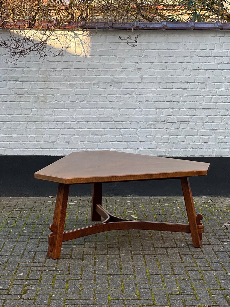 Large Triangle French Brutalist Oak Dining Table For Sale at 1stDibs
