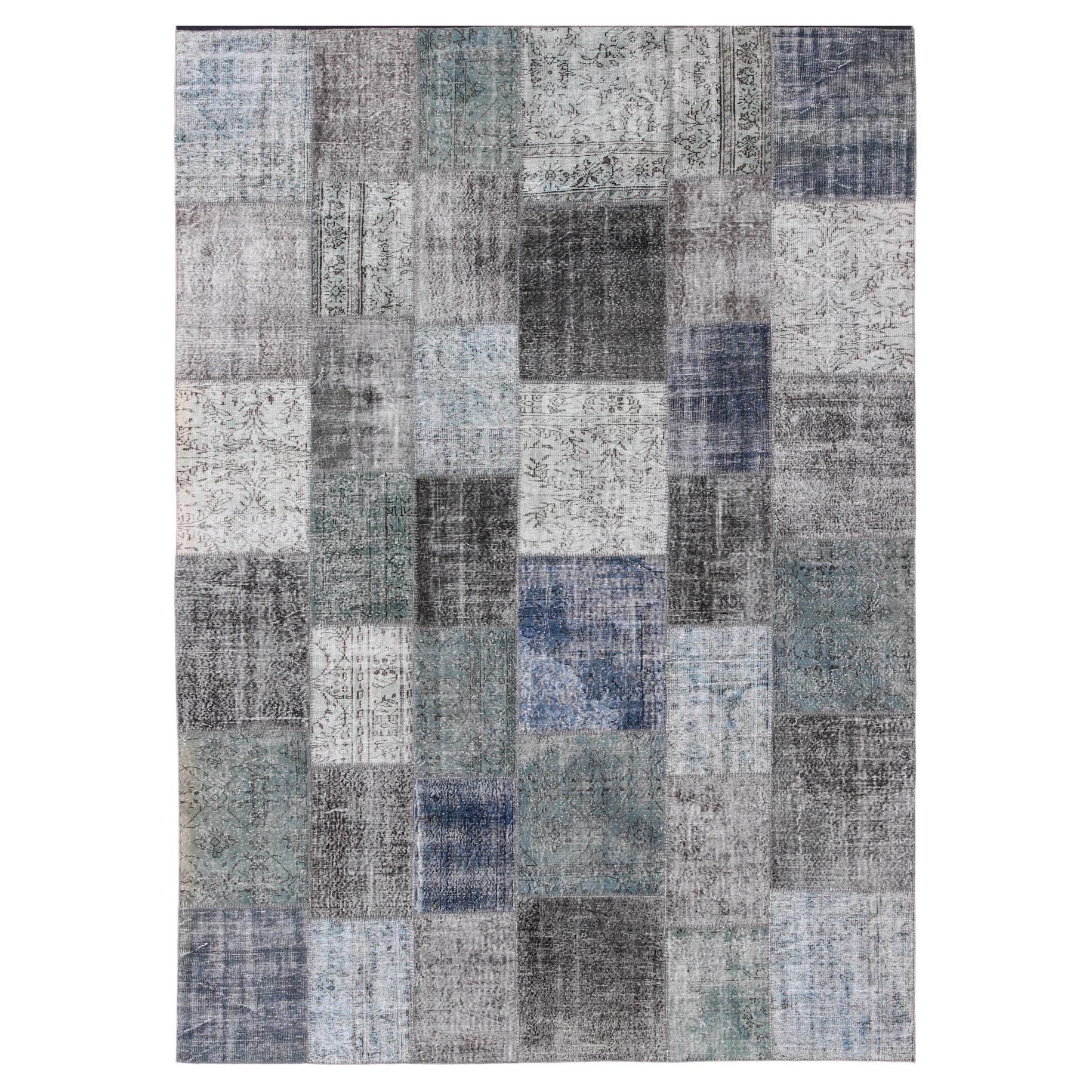 Large Turkish Patchwork Rug in Gray, Green, Blue, Brown and Neutral ...