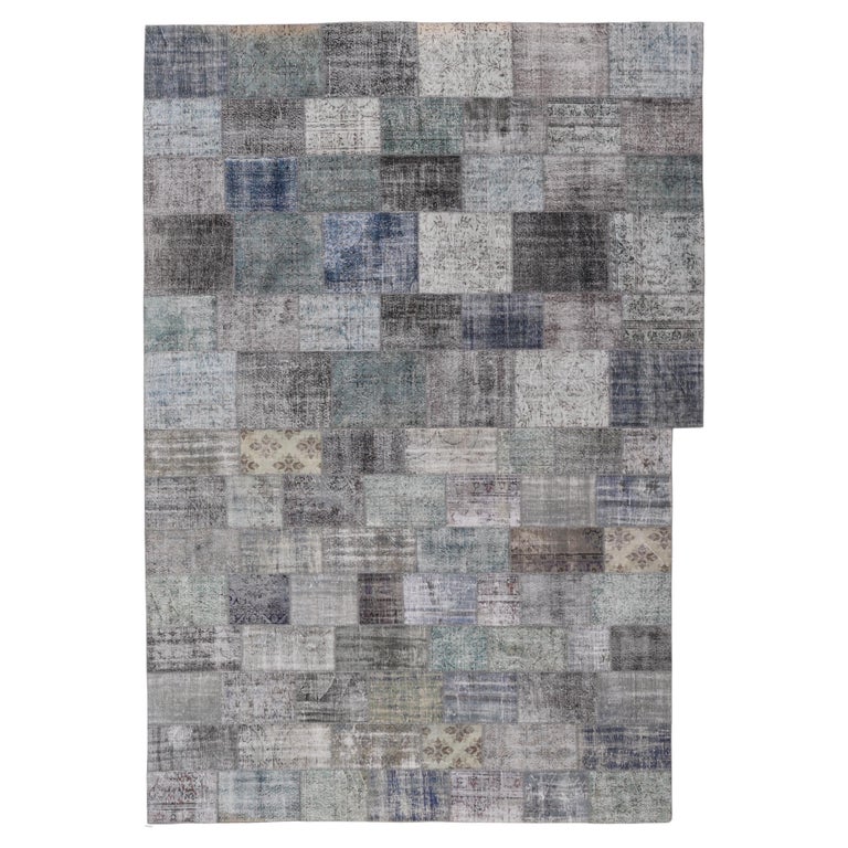 Large Turkish Patchwork Rug in Gray, Green, Blue, Brown and Neutral ...