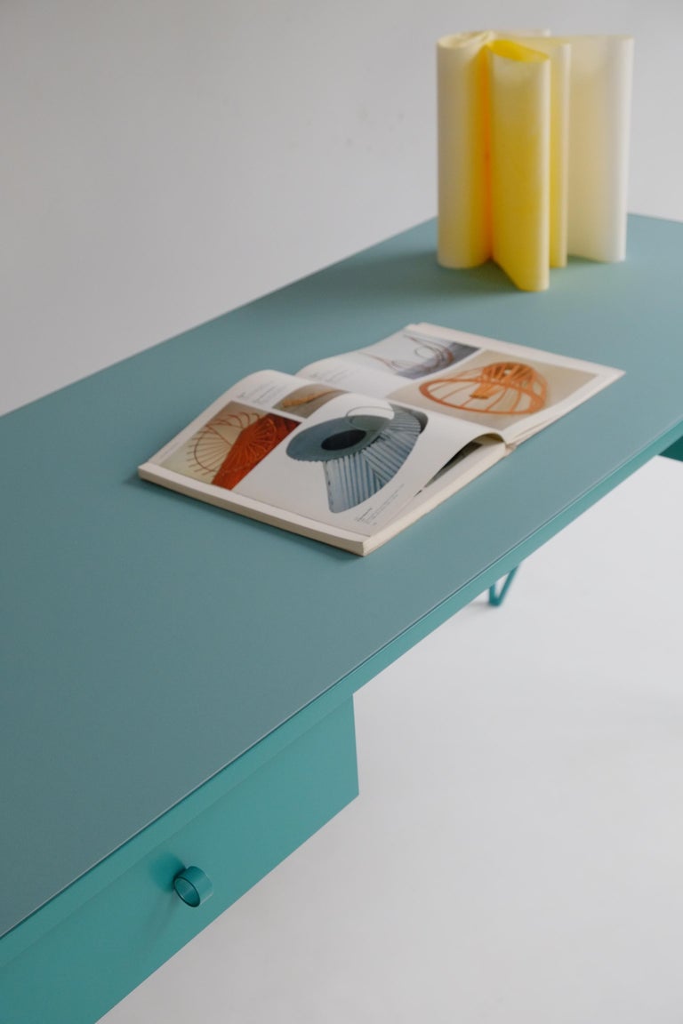 Large Turquoise Study Desk with Linoleum Top and Two Drawers ...