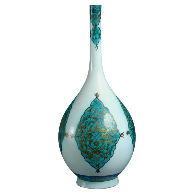 Large Turquoise, White And Gilt Bottle Vase For Sale at 1stDibs