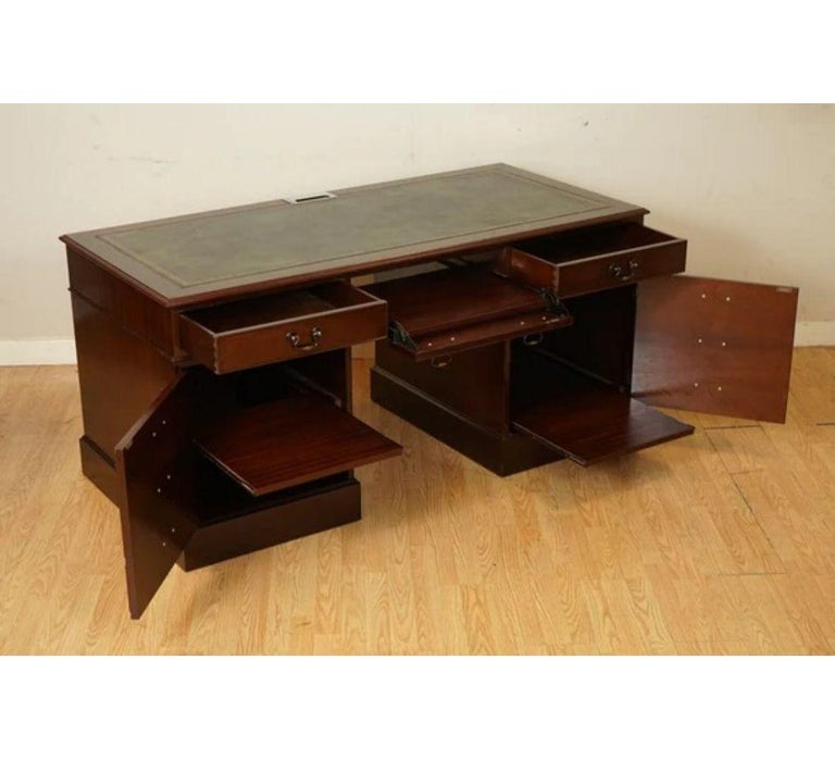 Large Twin Pedestal Office Desk with Green Inlaid Leather Top For Sale ...