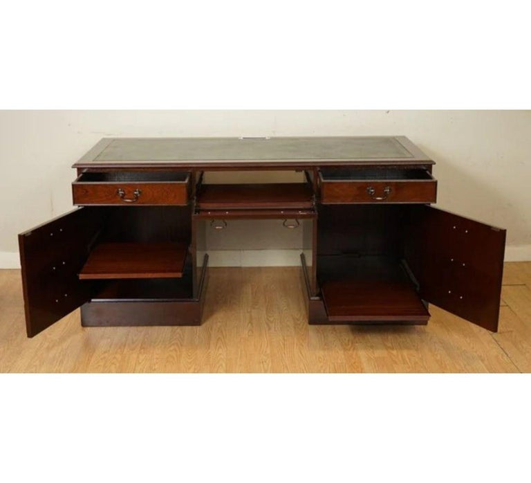 Large Twin Pedestal Office Desk with Green Inlaid Leather Top For Sale ...
