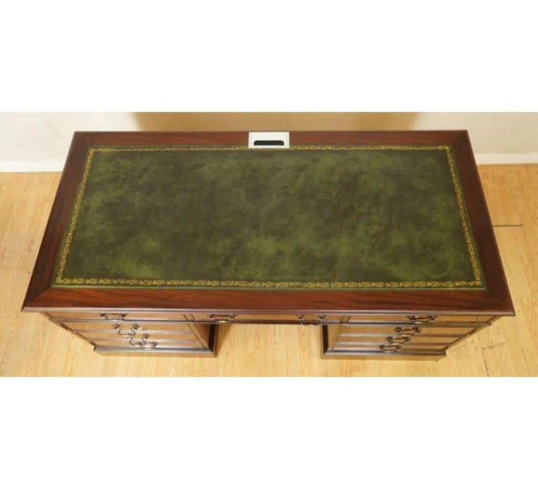 Large Twin Pedestal Office Desk with Green Inlaid Leather Top For Sale ...
