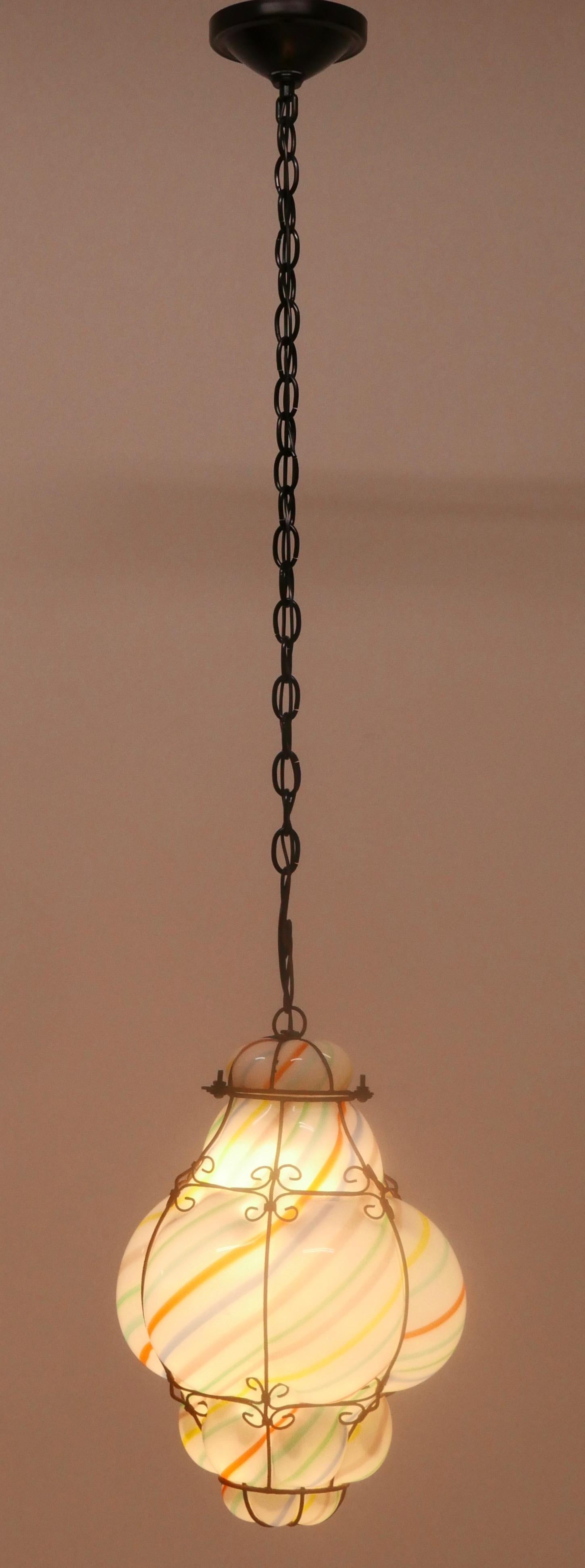 Large Venetian Shaped Blown Glass and Metal Hanging Pendant at 1stDibs
